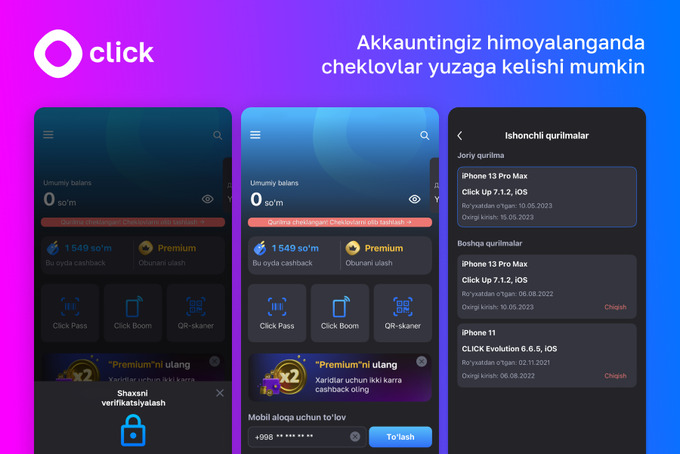 Click: ilovada identifikatsiyadan o‘tib, akkauntni yuz bilan himoyalash ...